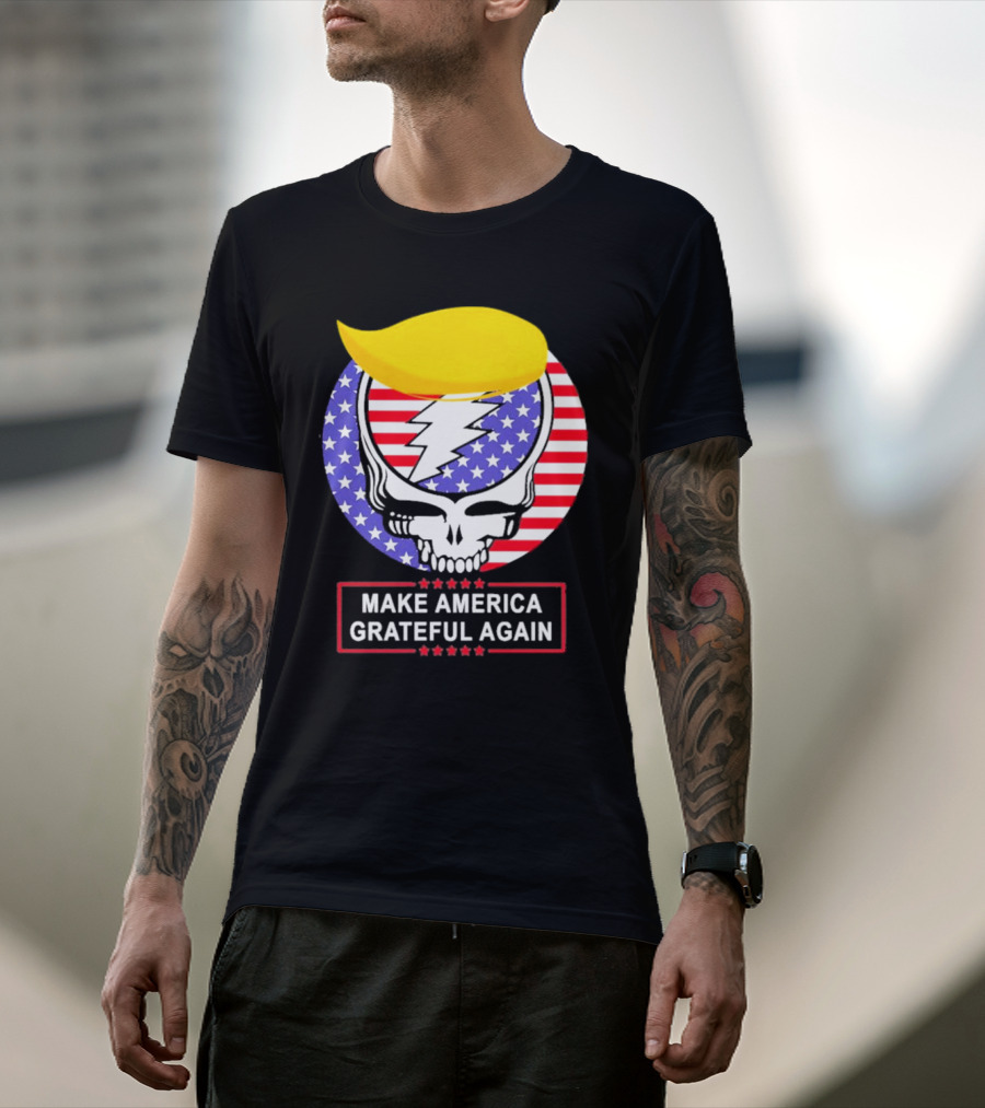 Make America Grateful Again Skull With Lightning Bolt And Flag T-Shirt