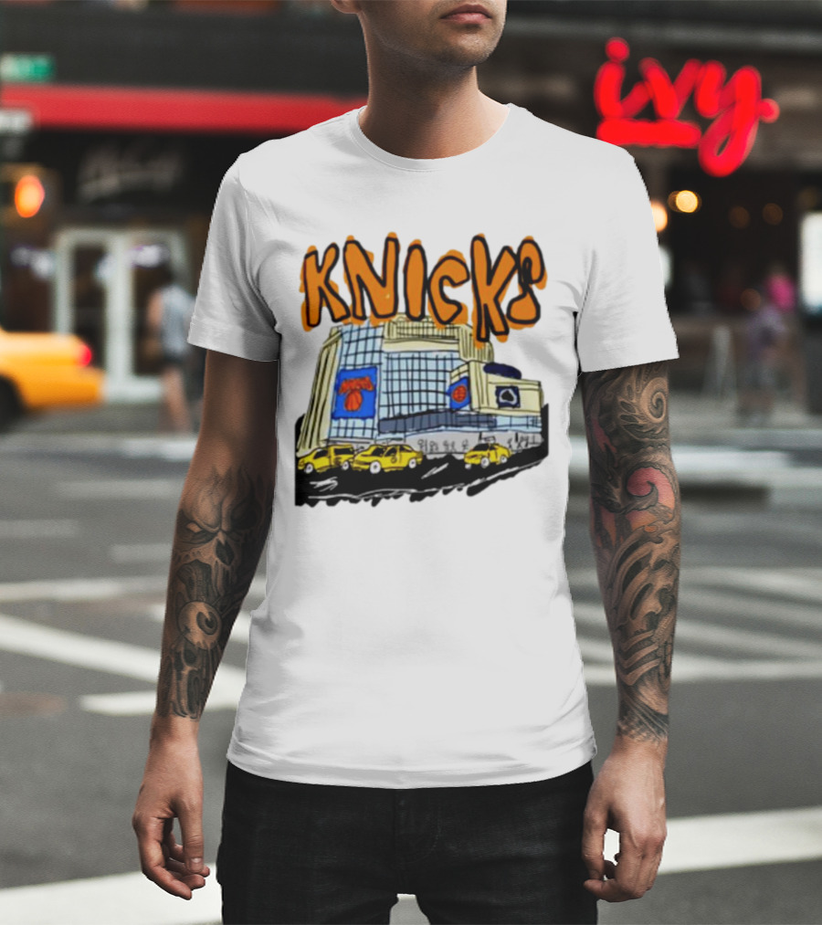 Knicks New York City Taxi Sketch With Arena Background T-Shirt