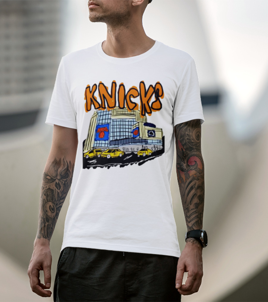 Knicks New York City Taxi Sketch With Arena Background T-Shirt