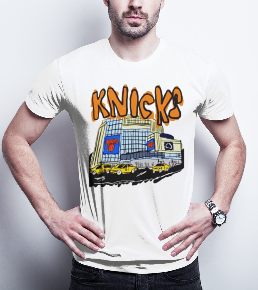 Knicks New York City Taxi Sketch With Arena Background T-Shirt