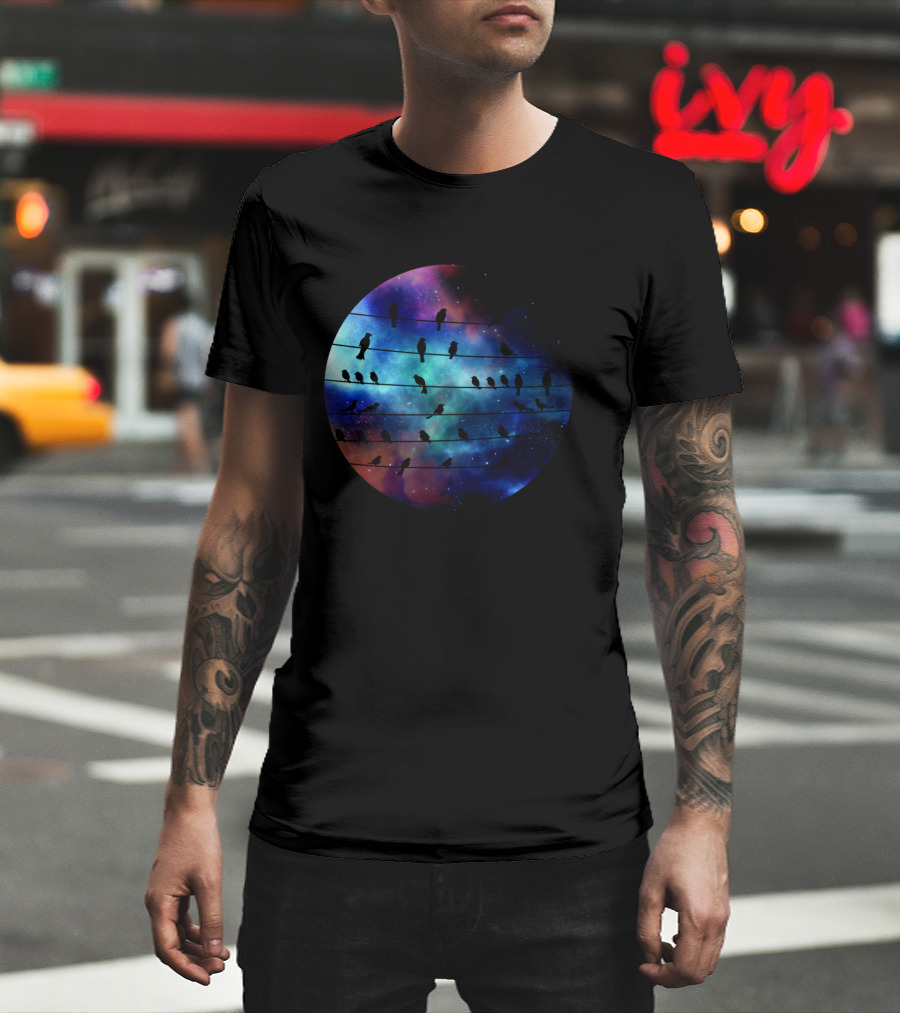 Birds On A Wire Cosmic Galaxy Silhouette In Space T-Shirt