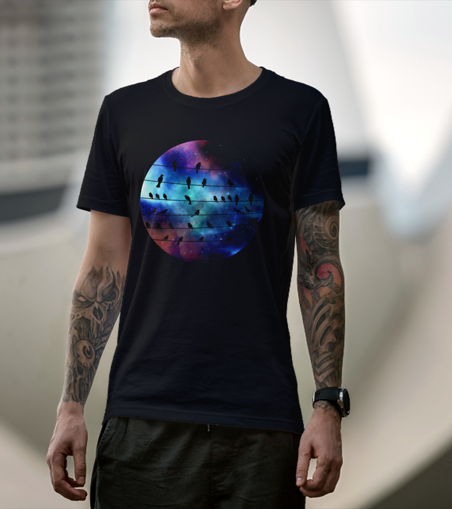 Birds On A Wire Cosmic Galaxy Silhouette In Space T-Shirt
