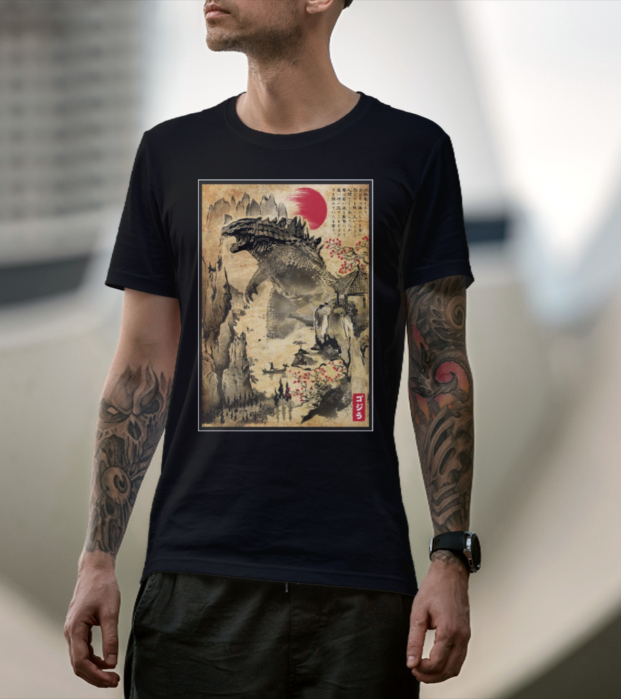 Gojira Japanese Woodblock Ukiyo-e Style With Red Sun And Cherry Blossoms T-Shirt