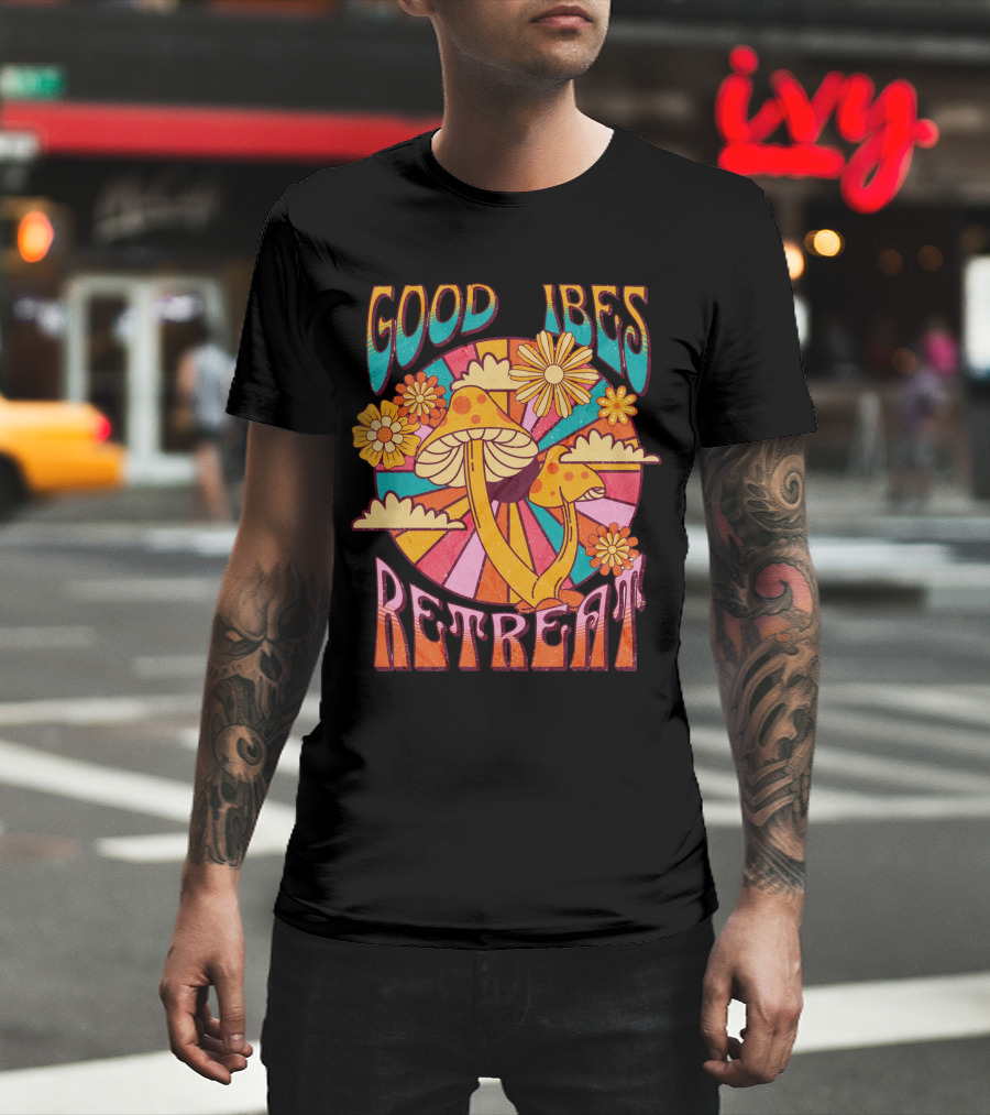 Good Vibes Retreat Mushroom Flowers Retro Psychedelic T-Shirt