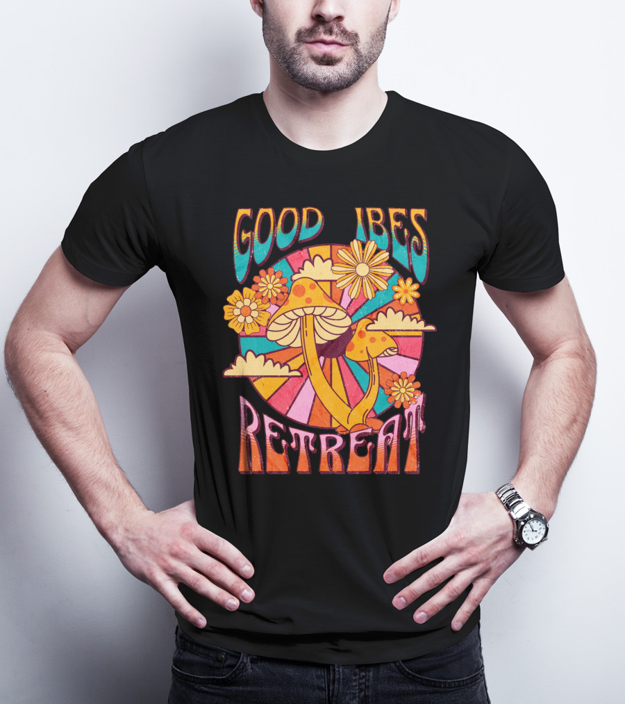 Good Vibes Retreat Mushroom Flowers Retro Psychedelic T-Shirt