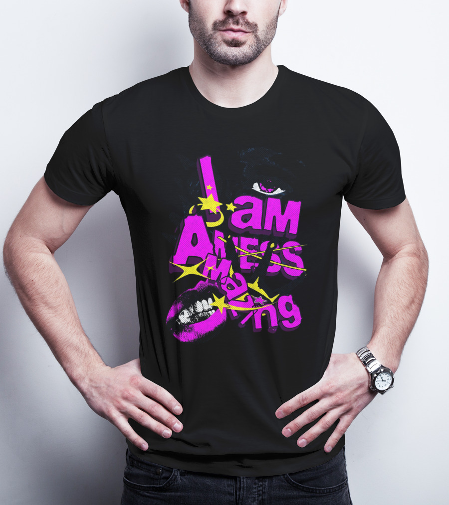 I Am Amazing Bold Eye And Lips Starburst Pink And Yellow T-Shirt
