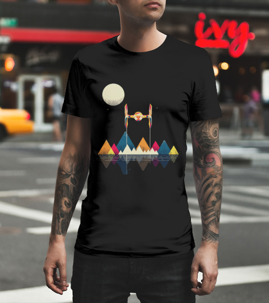 Imperial Fighter Tie Spaceship Over Geometric Mountains And Moon T-Shirt