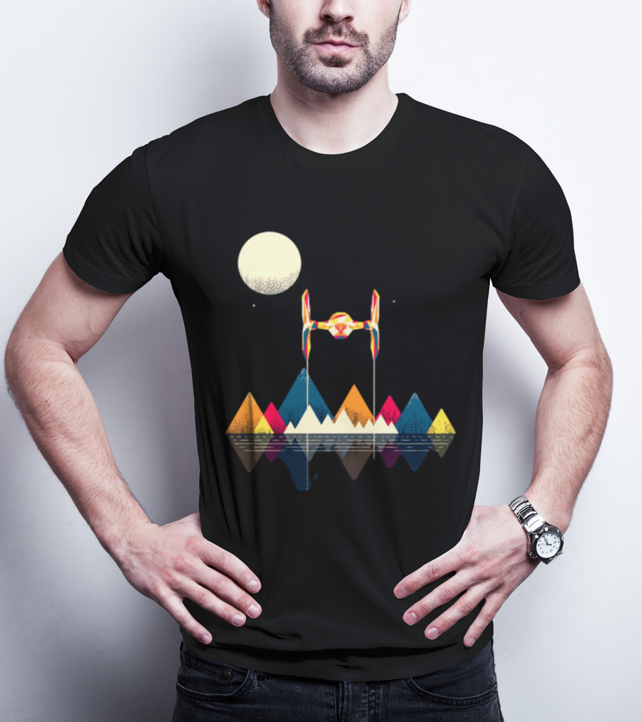 Imperial Fighter Tie Spaceship Over Geometric Mountains And Moon T-Shirt