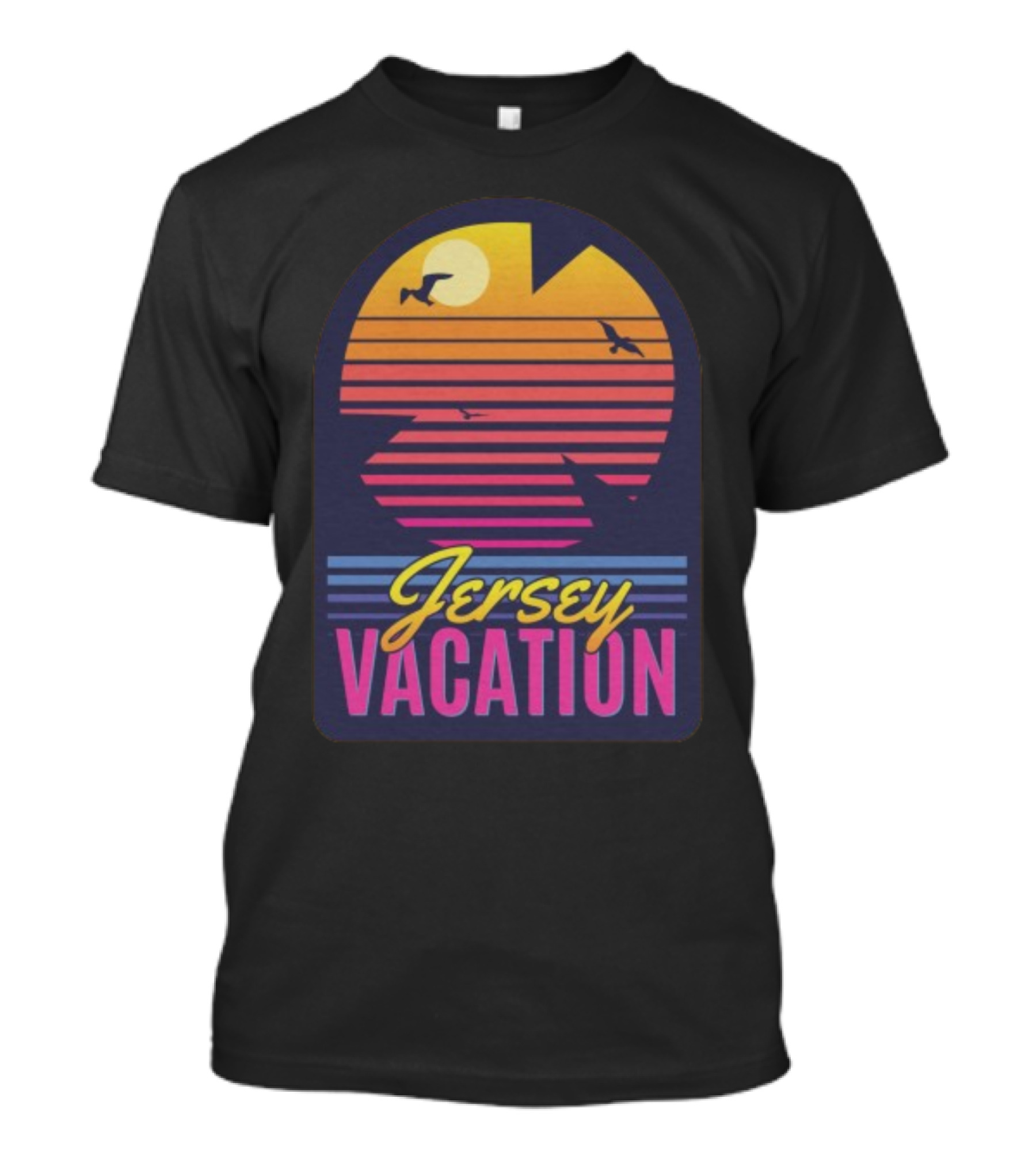Jersey Vacation Retro Sunset Beach Scene With Birds And Stripes T-Shirt