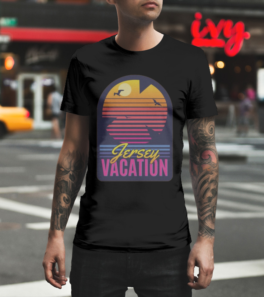Jersey Vacation Retro Sunset Beach Scene With Birds And Stripes T-Shirt