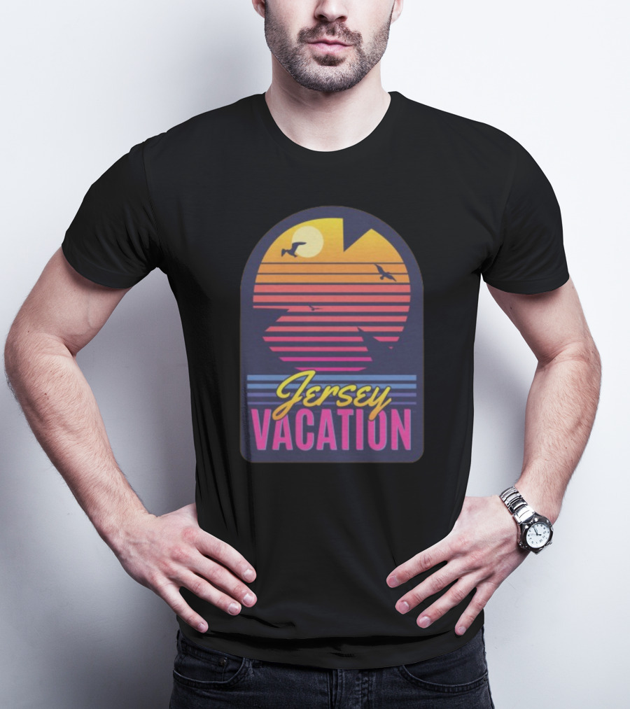 Jersey Vacation Retro Sunset Beach Scene With Birds And Stripes T-Shirt