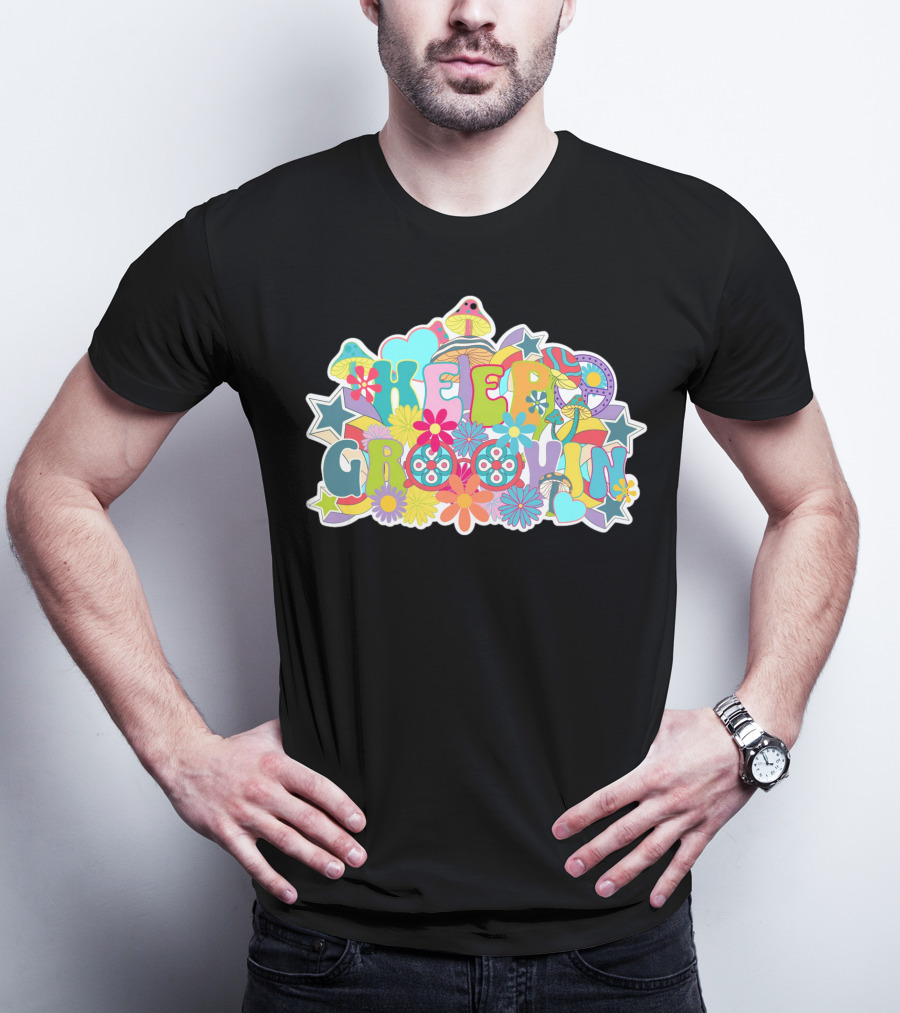 KEEP GROOVIN Psychedelic Flowers And Stars Retro Vibes T-Shirt