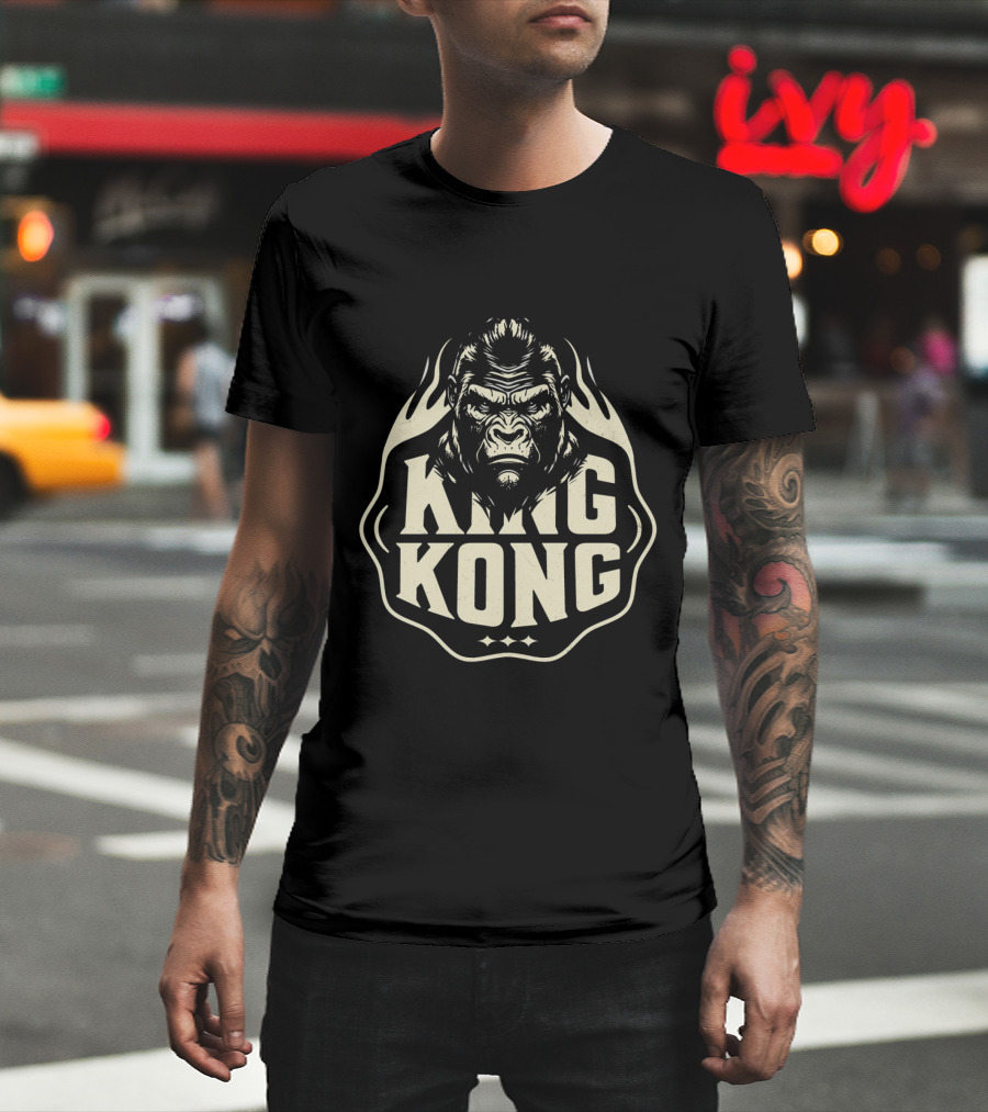 King Kong Fierce Gorilla Face Vintage Style Flame Outline T-Shirt