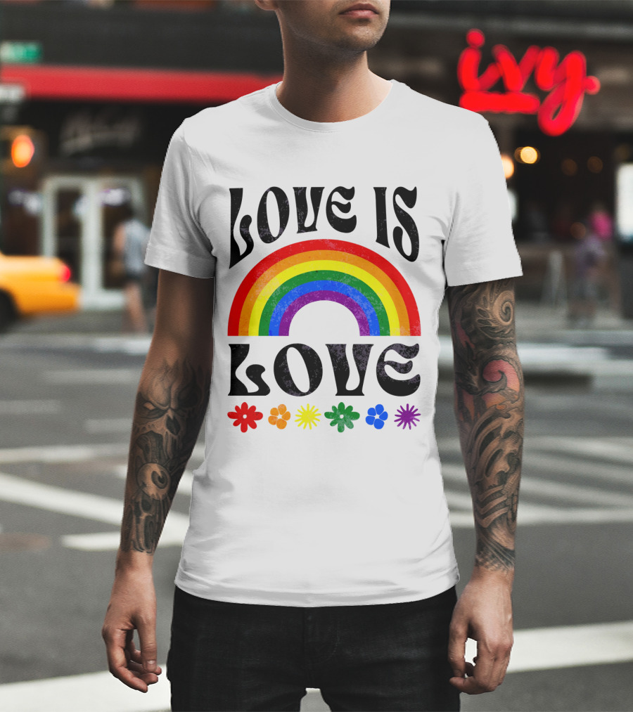 Love Is Love Rainbow Pride With Colorful Flowers T-Shirt