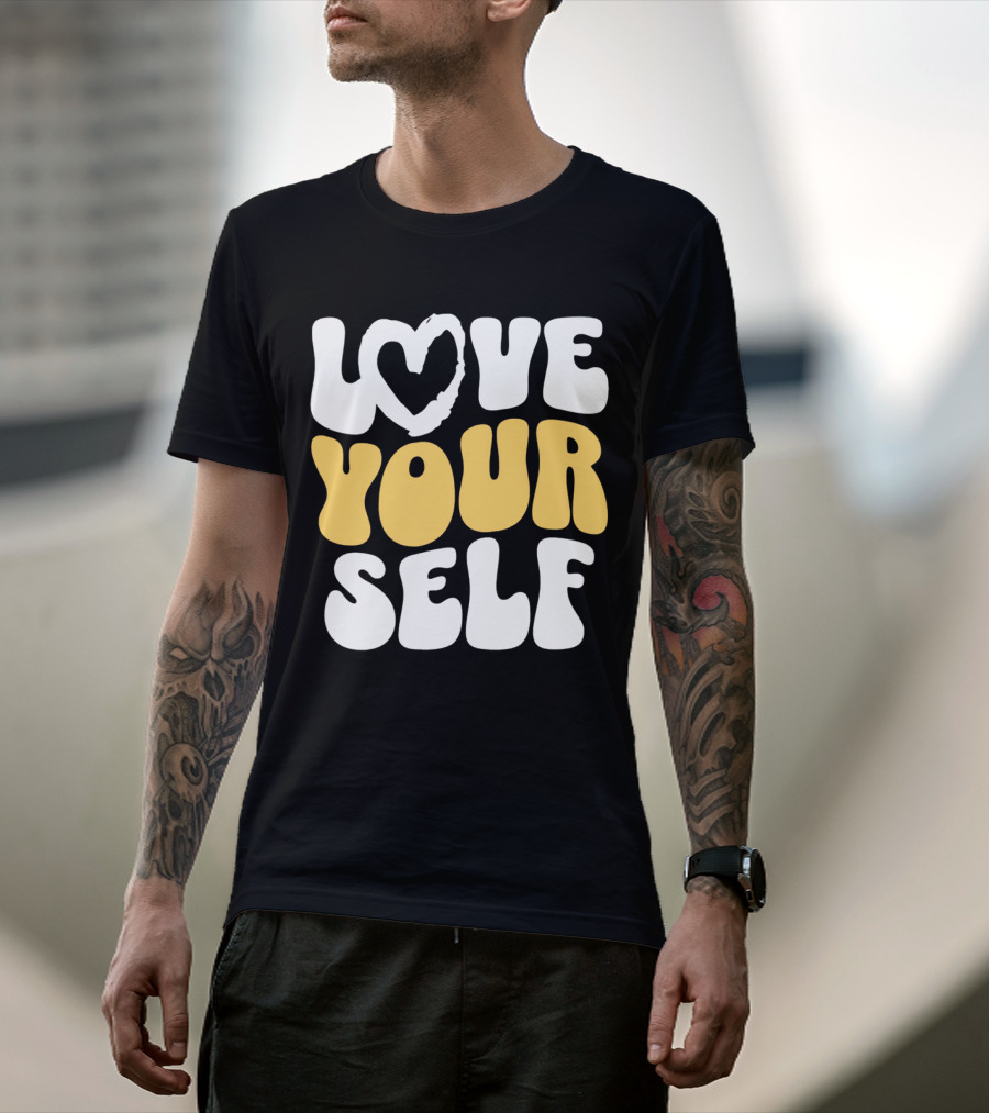 Love Your Self Heart Wavy Typography T-Shirt