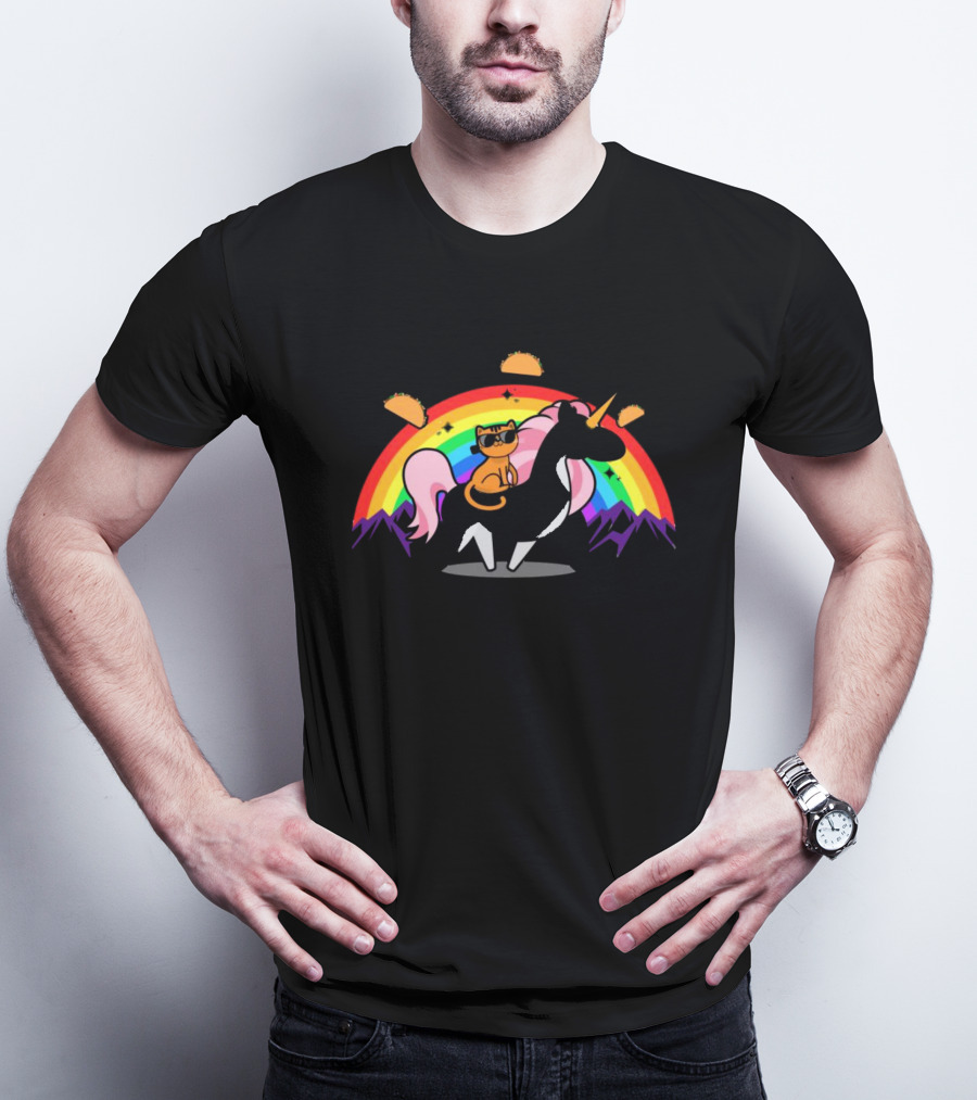 Cat Riding Unicorn With Rainbow And Tacos Magical Adventure T-Shirt