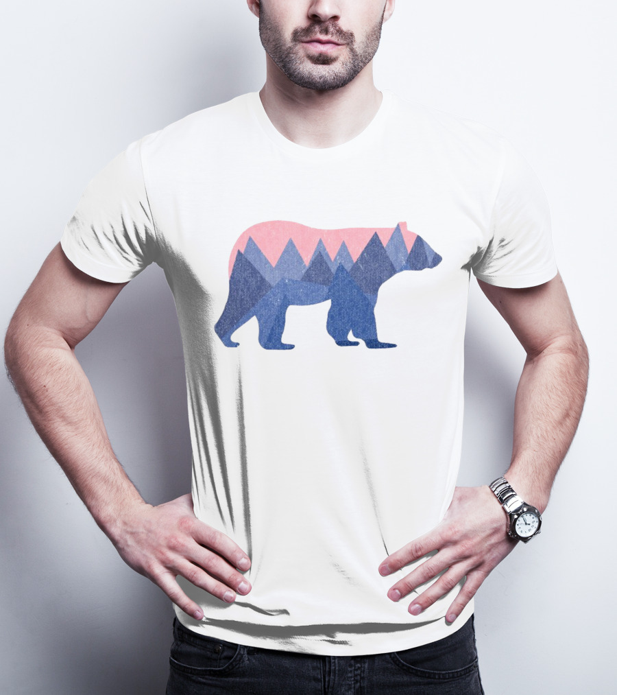 Mountain Bear Silhouette With Geometric Peaks In Blue And Pink T-Shirt