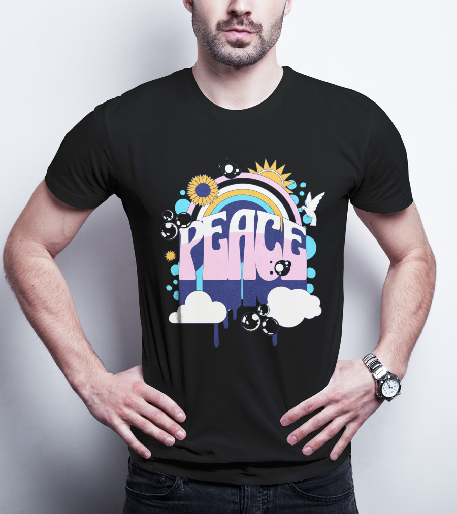 Peace Colorful Rainbow Sunflower Clouds Dove And Good Vibes T-Shirt
