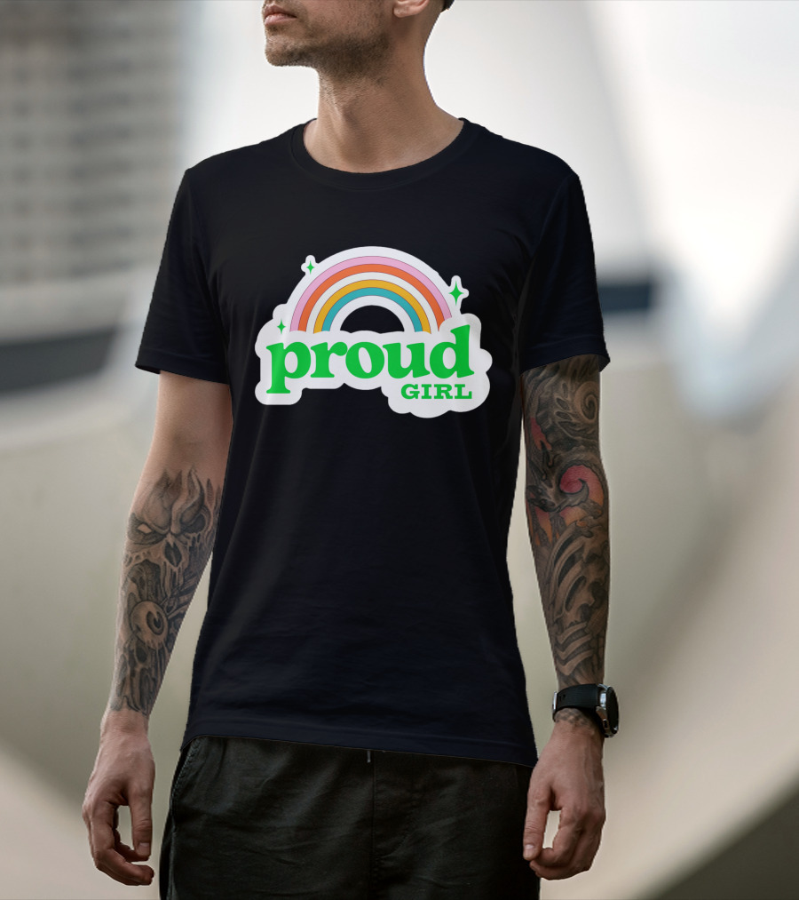 Proud Girl Green Text Rainbow With Sparkles T-Shirt