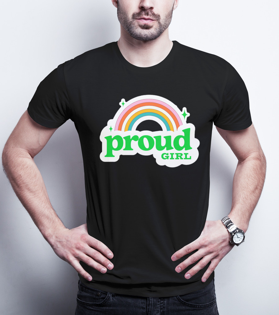 Proud Girl Green Text Rainbow With Sparkles T-Shirt