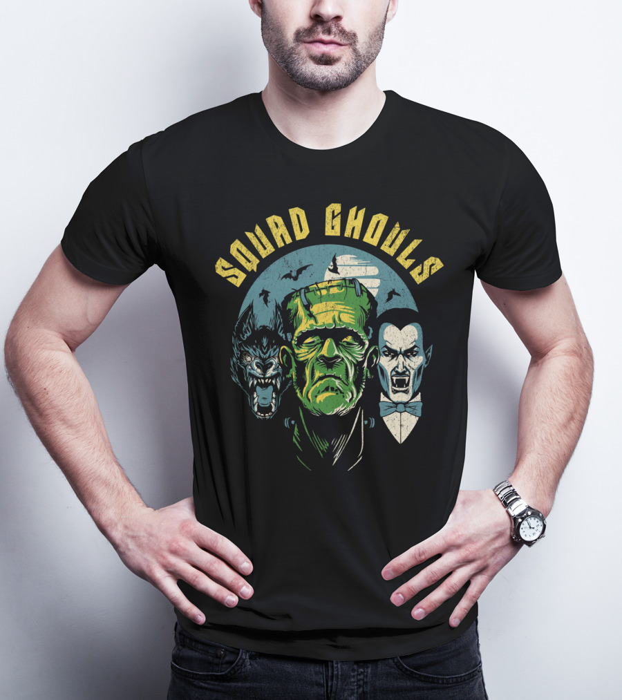Squad Ghouls Frankenstein Dracula Werewolf Halloween Characters T-Shirt
