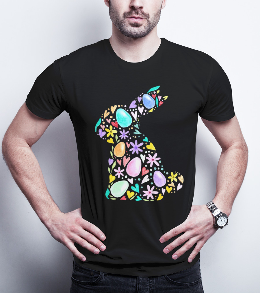 Rabbit Easter Day Colorful Eggs Hearts Flowers T-Shirt