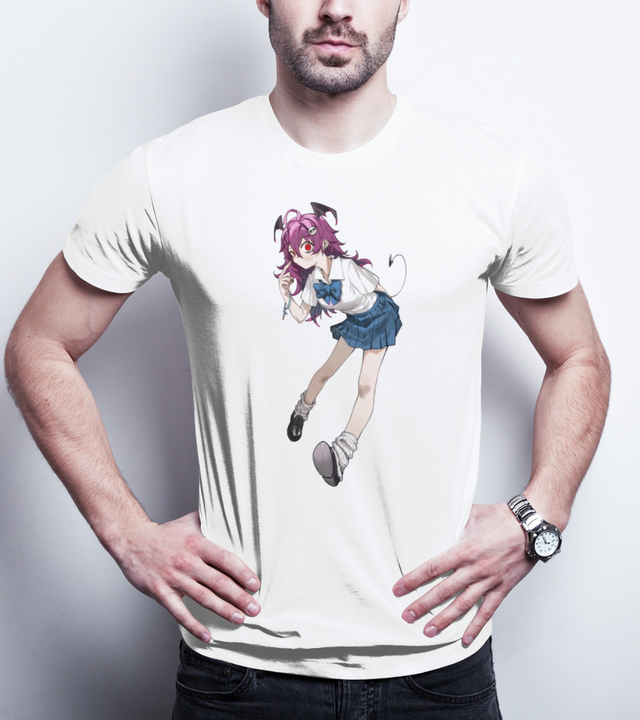 Devil Girl Anime School Uniform Purple Hair Horns Tail T-Shirt