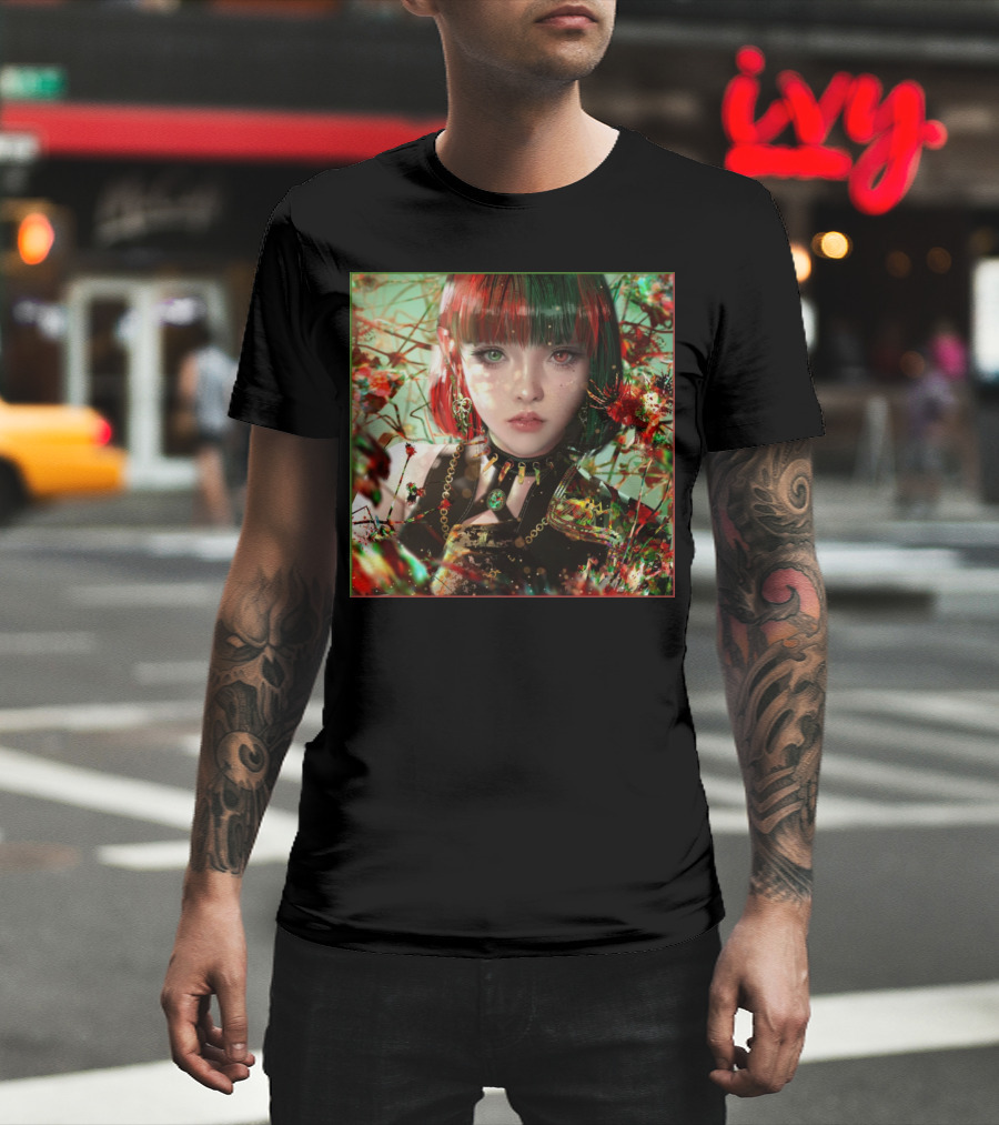 Green Red Sticker Fantasy Portrait Vibrant Blossoms Dual-Tone Hair T-Shirt