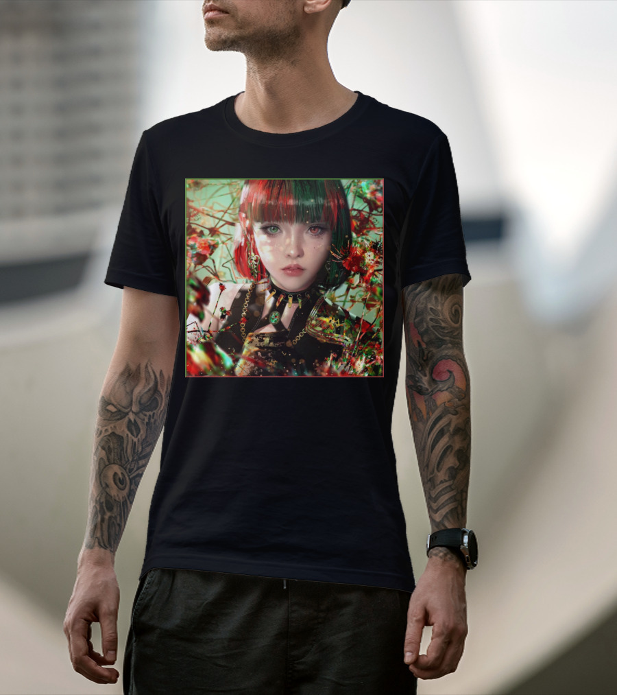Green Red Sticker Fantasy Portrait Vibrant Blossoms Dual-Tone Hair T-Shirt