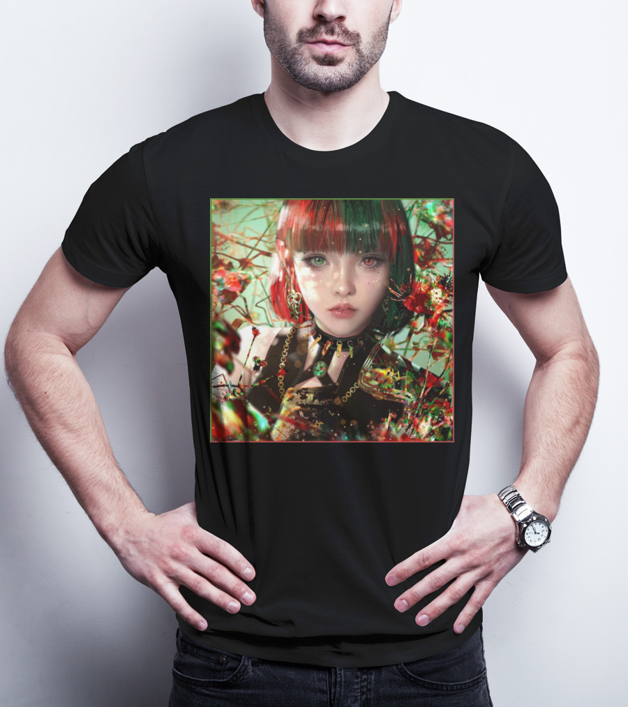 Green Red Sticker Fantasy Portrait Vibrant Blossoms Dual-Tone Hair T-Shirt