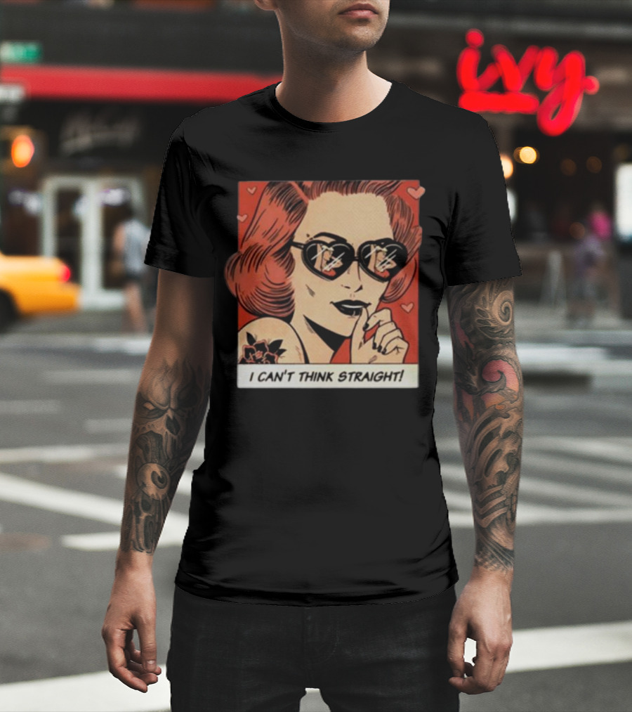 I Can't Think Straight Retro Comic Style Red Hearts Sunglasses Woman T-Shirt