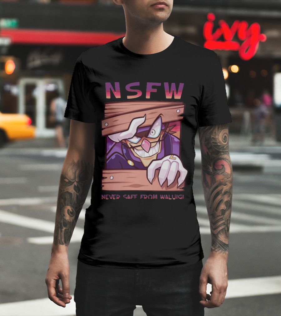 NSFW Never Safe From Waluigi Spaicy Waluigi Peeking Through Wooden Planks T-Shirt