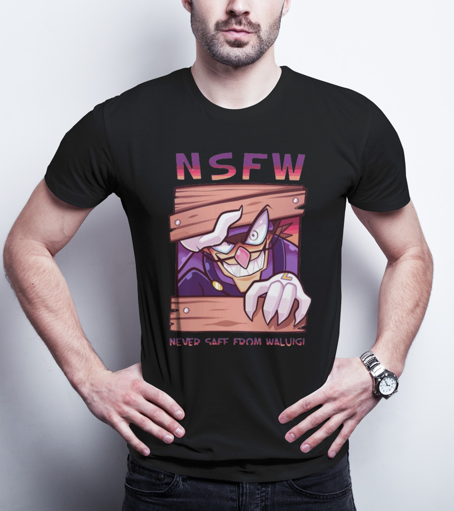 NSFW Never Safe From Waluigi Spaicy Waluigi Peeking Through Wooden Planks T-Shirt
