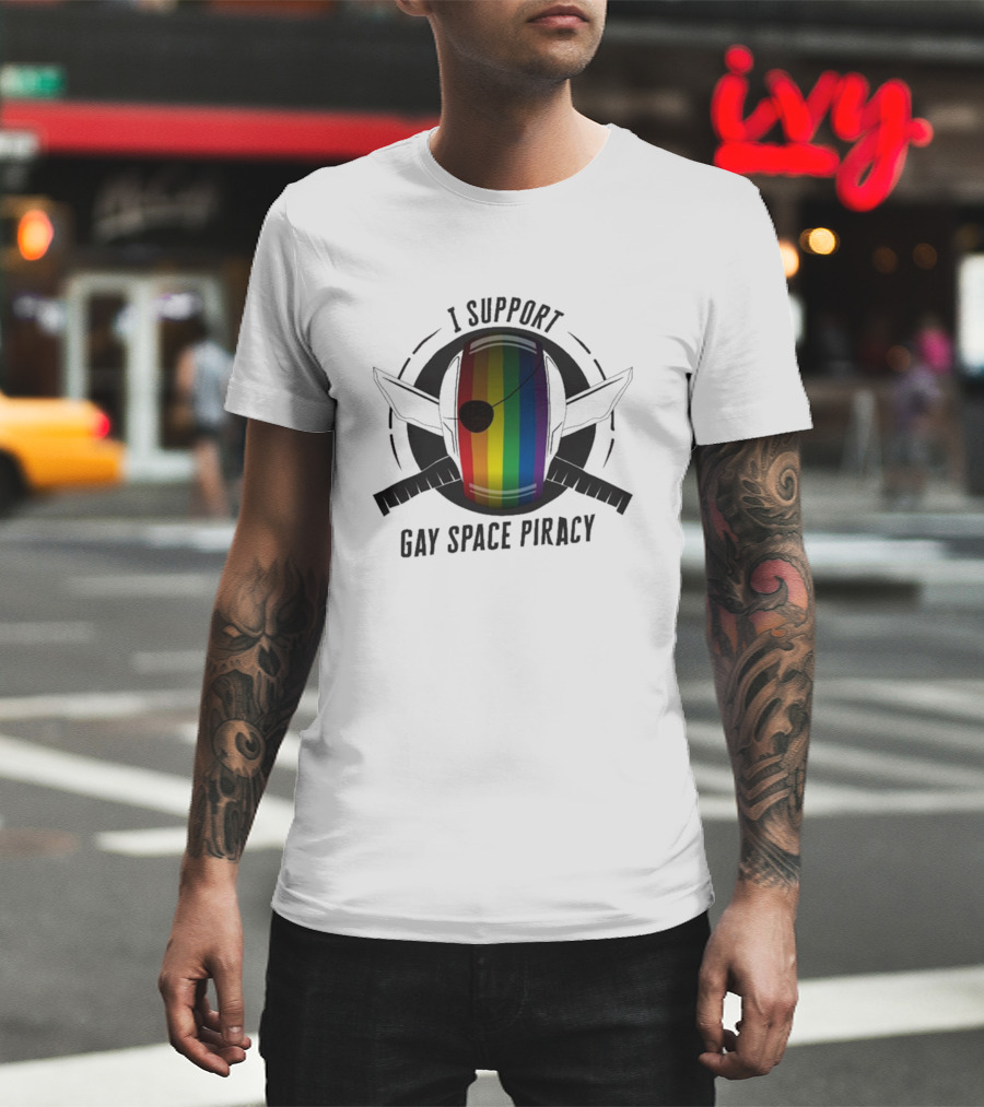I Support Gay Space Piracy Pride Rainbow Flag Patch T-Shirt