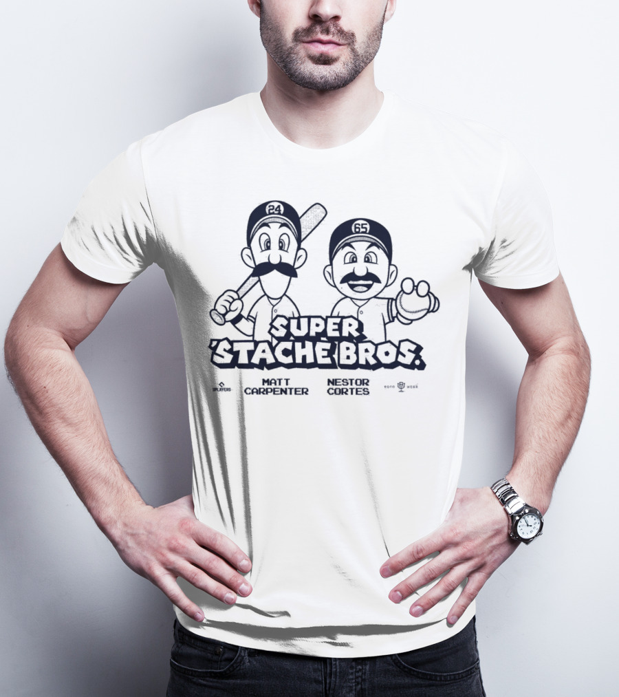 Super Stache Bros Matt Carpenter Nestor Cortes Baseball Parody Characters 24 65 Stache Bros MLB Players Team Names Caricatures T-Shirt
