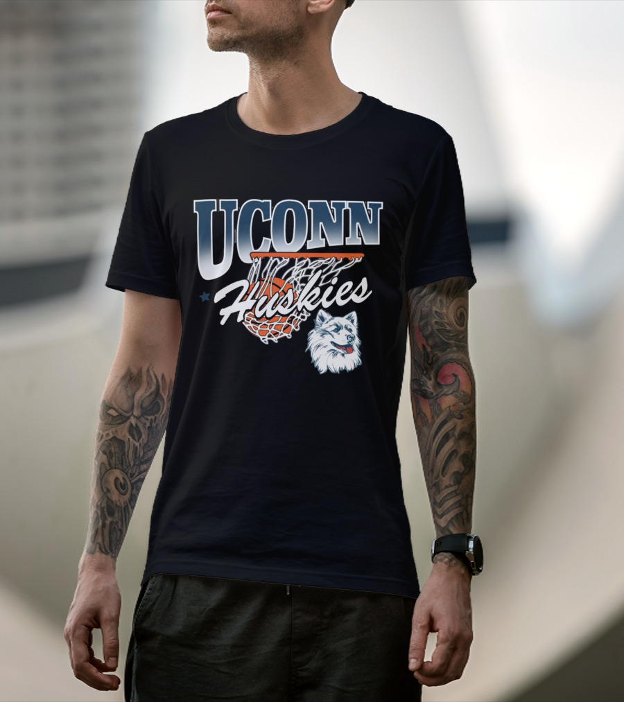 UConn Huskies Basketball Husky Mascot And Net T-Shirt