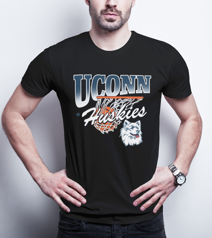 UConn Huskies Basketball Husky Mascot And Net T-Shirt