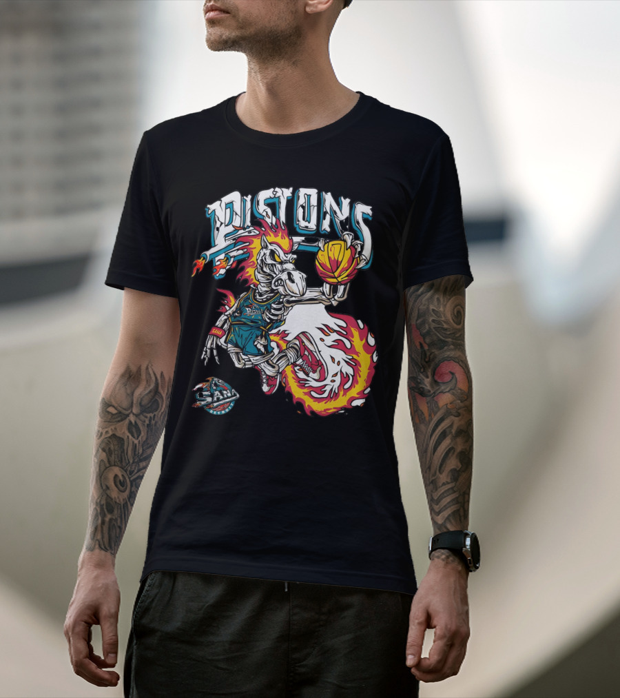 Sana Detroit Pistons Fiery Skeleton Basketball Dunk Pop-Up T-Shirt