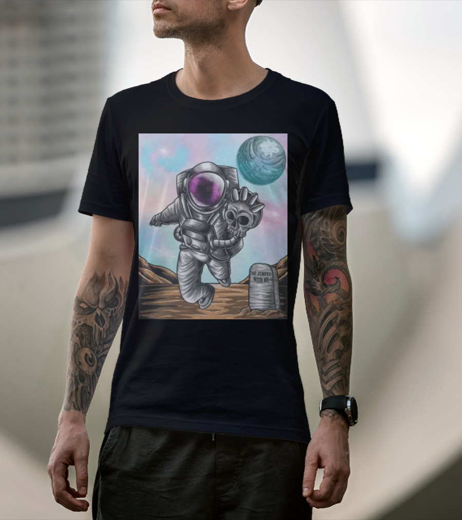 Slim Reaper Essential Youth Astronaut Skull Moon Tombstone He Jumped With Me T-Shirt