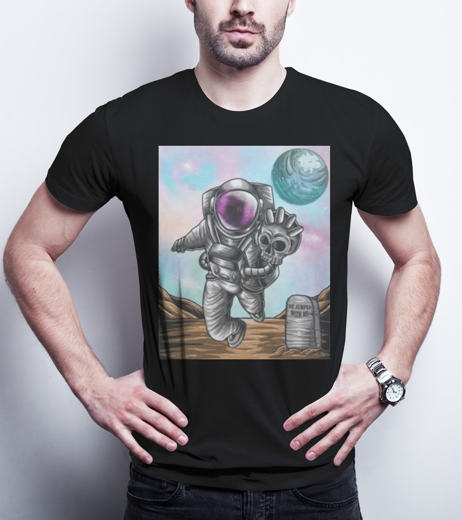Slim Reaper Essential Youth Astronaut Skull Moon Tombstone He Jumped With Me T-Shirt