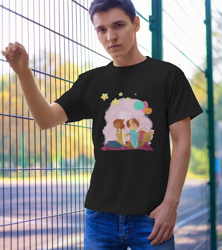 Cute Lesbian Fashion Relationship Cat Couple With Stars And Balloons T-Shirt