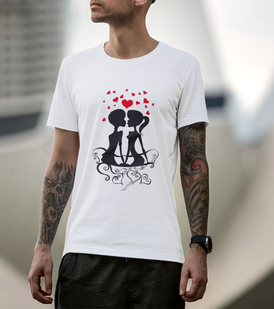 Lesbian Couple Kissing Romantic Silhouettes With Heart And Hearts T-Shirt