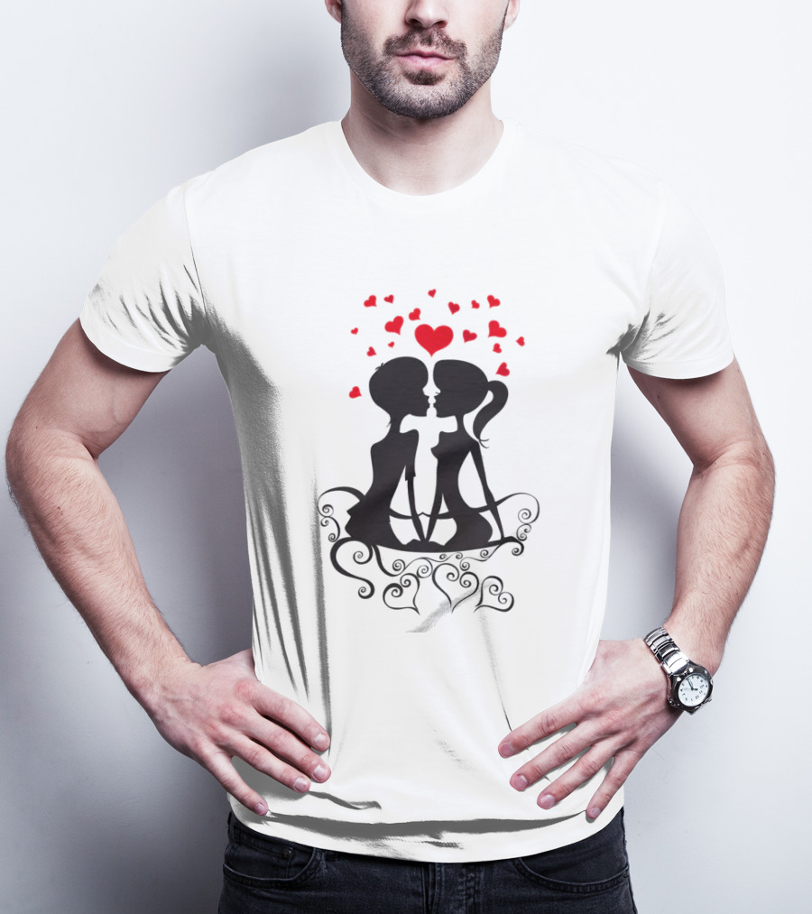 Lesbian Couple Kissing Romantic Silhouettes With Heart And Hearts T-Shirt