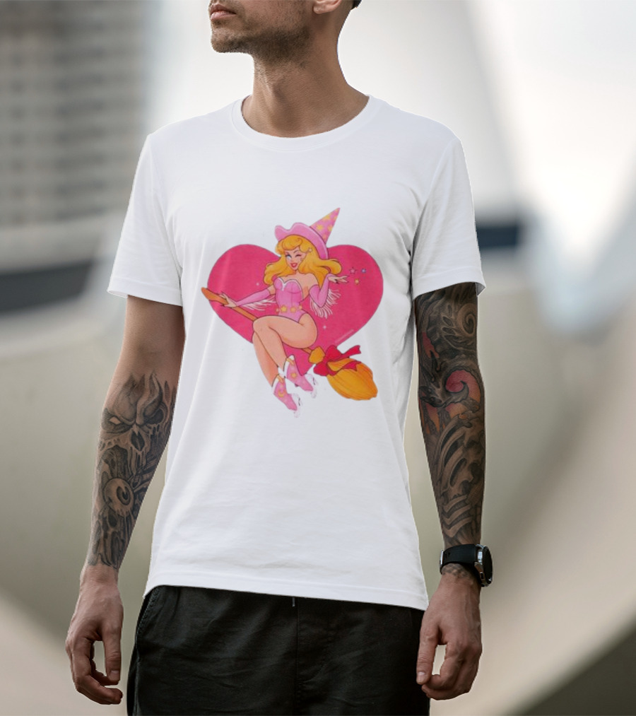 This Barbie Is A Witch Riding A Broomstick With Pink Heart Background T-Shirt
