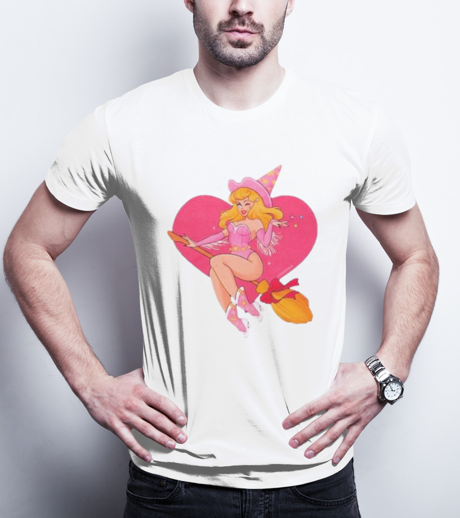 This Barbie Is A Witch Riding A Broomstick With Pink Heart Background T-Shirt