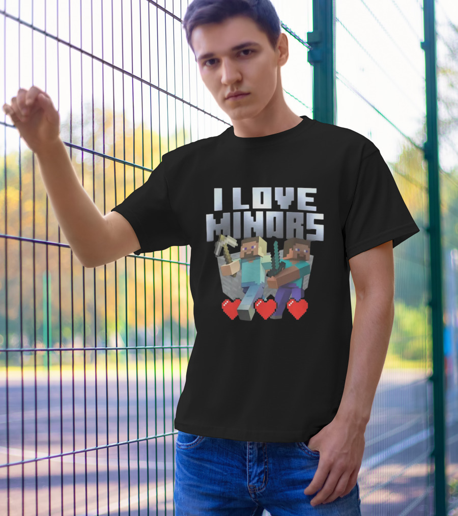 I Love Minors Minecraft Characters With Tools And Hearts T-Shirt