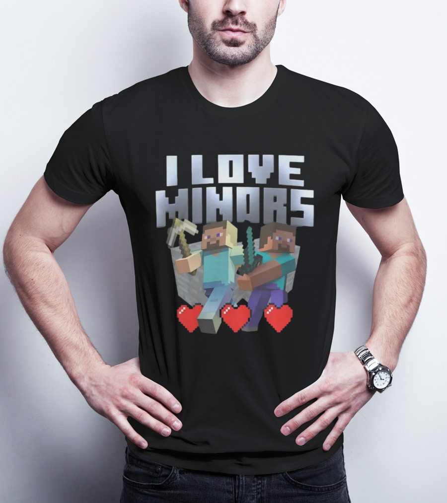 I Love Minors Minecraft Characters With Tools And Hearts T-Shirt