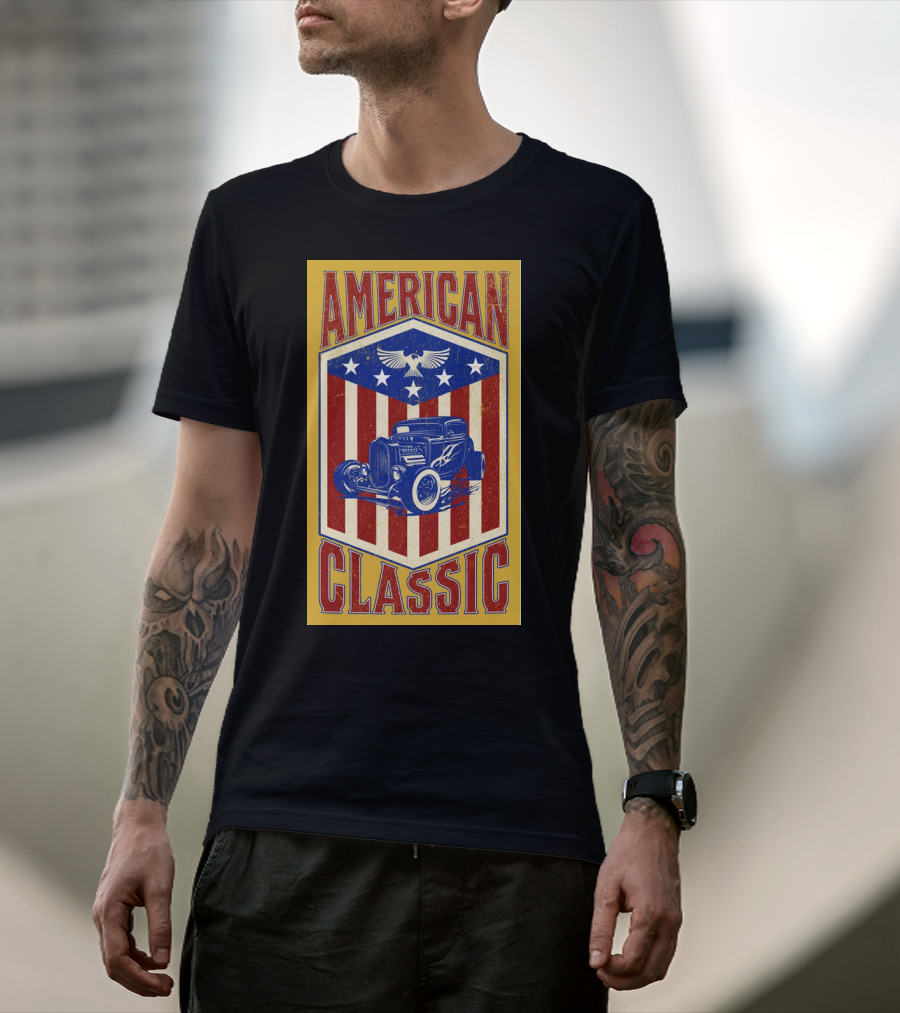 AMERICAN CLASSIC Hot Rod Eagle Stripes Stars Vintage Retro T-Shirt