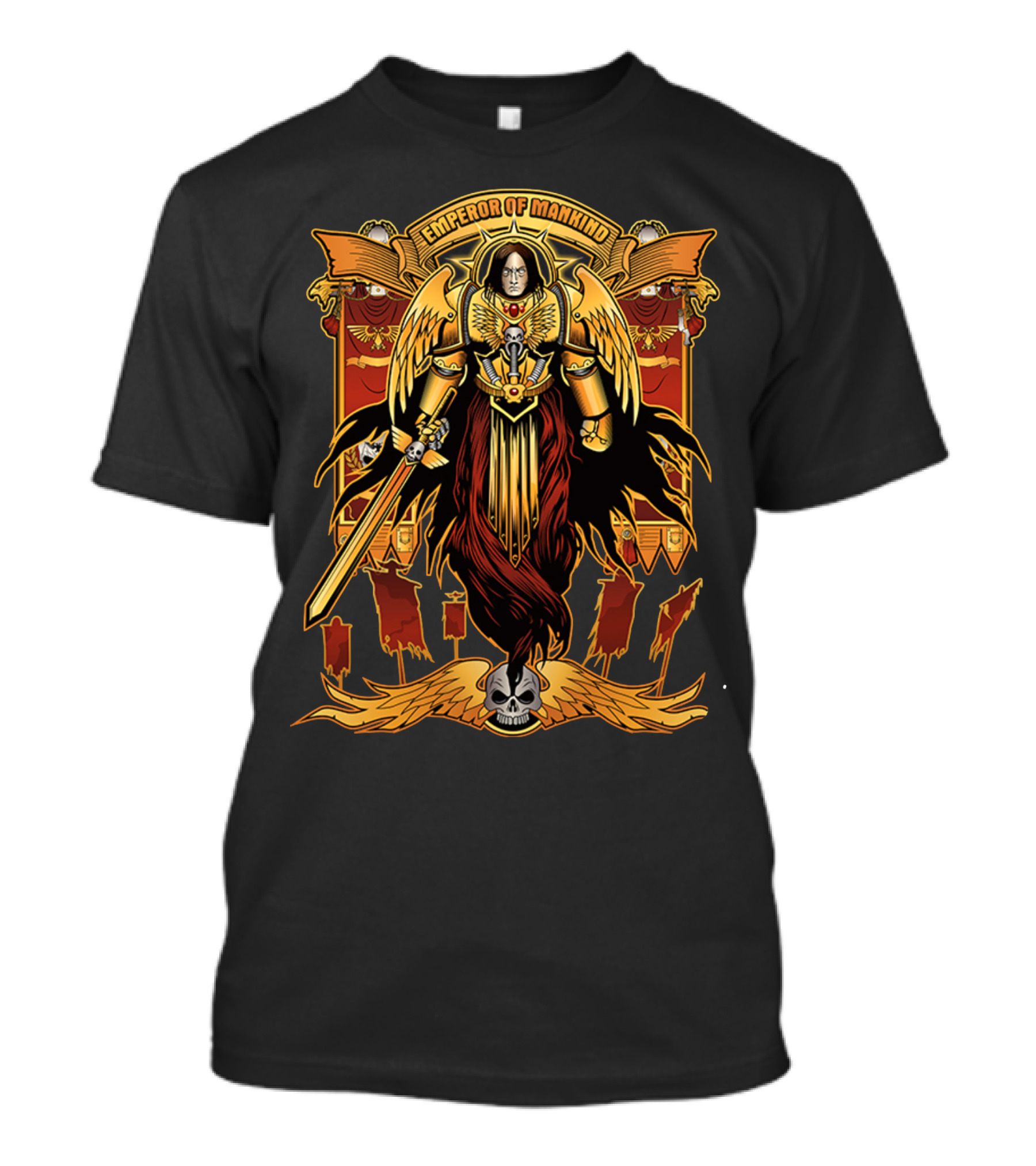 Emperor Of Mankind Golden Armor Angelic Warrior With Sword And Skull T-Shirt