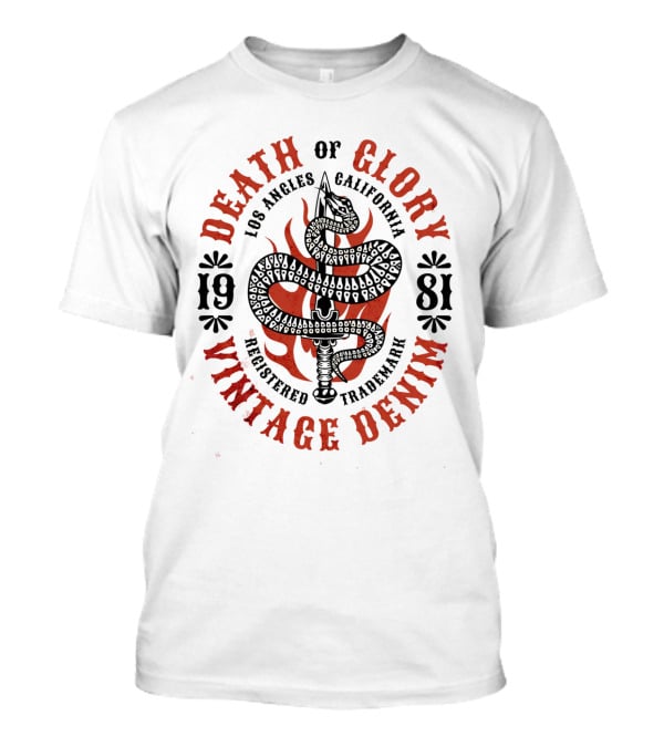 Death Of Glory Los Angeles California Vintage Denim 1981 Sword Snake Registered Trademark T-Shirt